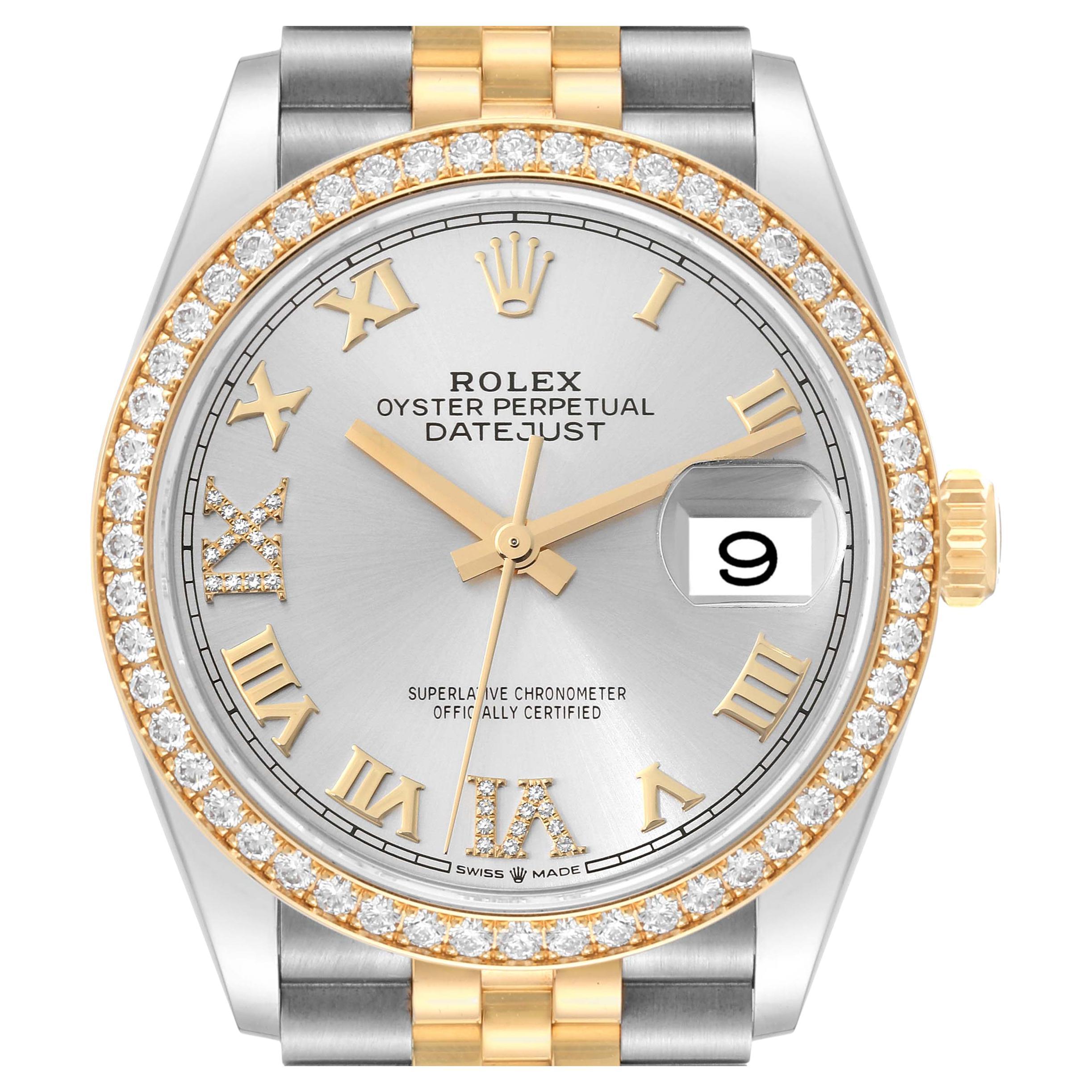 Rolex Datejust Steel Yellow Gold Silver Dial Diamond Mens Watch 126283 ...