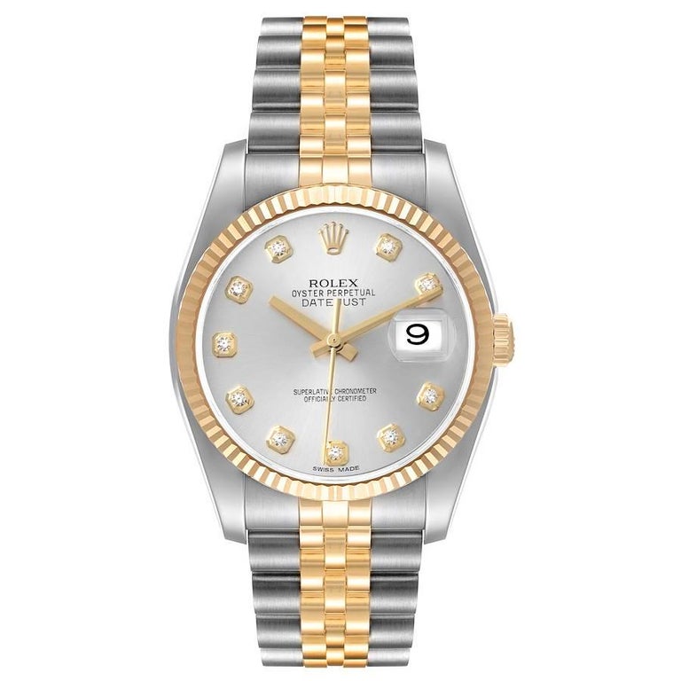 Rolex Datejust Steel Yellow Gold Silver Diamond Dial Mens Watch 116233 ...
