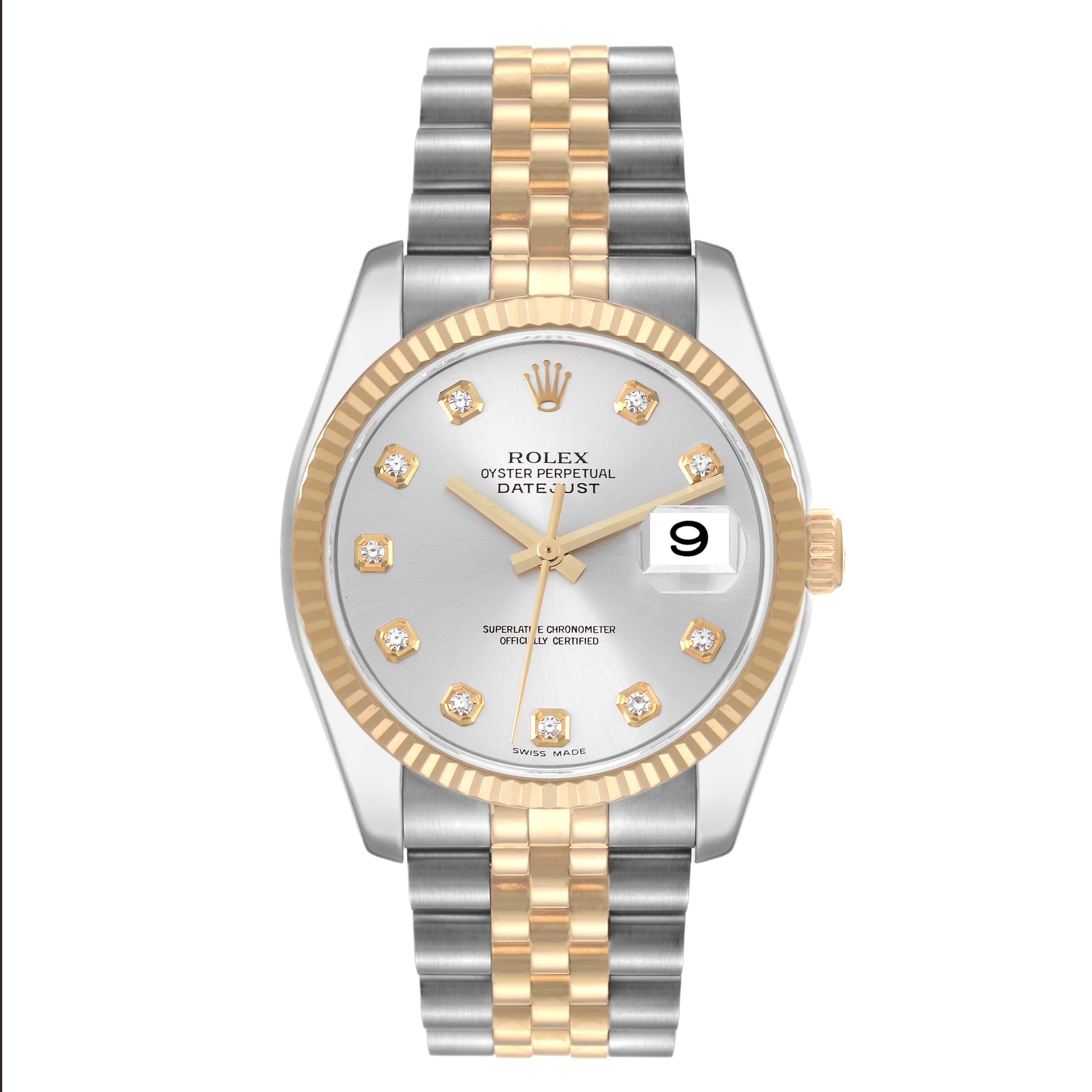 Rolex Datejust Steel Yellow Gold Silver Diamond Dial Mens Watch 116233 ...