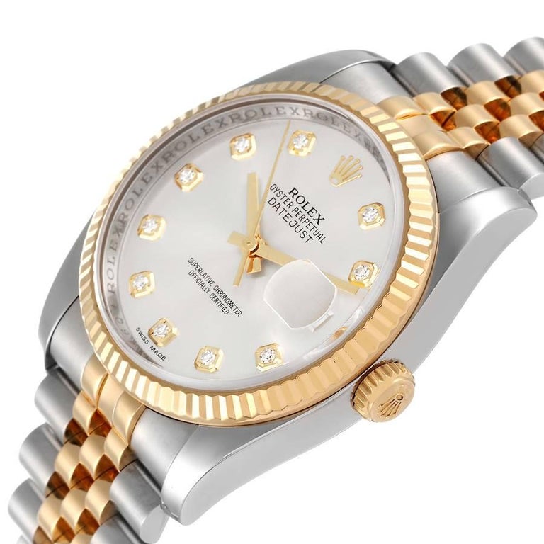 Rolex Datejust Steel Yellow Gold Silver Diamond Dial Mens Watch 116233 ...