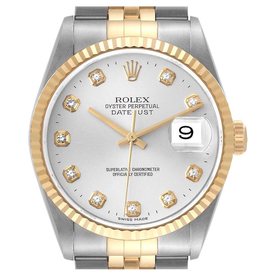 Rolex Datejust Steel Yellow Gold Silver Diamond Dial Mens Watch 16233 ...