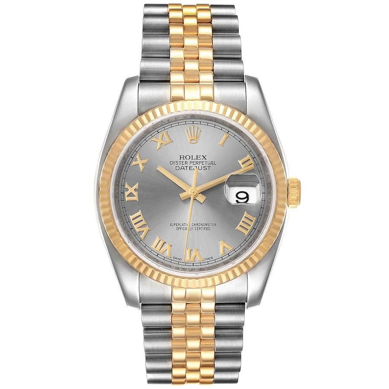 Rolex Datejust Steel Yellow Gold Slate Roman Dial Mens Watch 116233 For ...