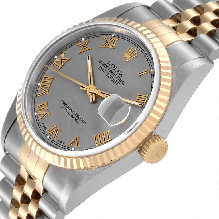 Rolex Datejust Steel Yellow Gold Slate Roman Dial Mens Watch 16233 ...