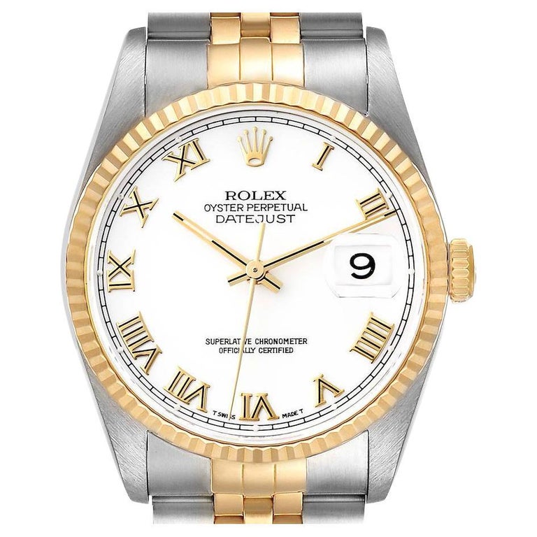 Rolex Datejust Steel Yellow Gold White Roman Dial Mens Watch 16233 Box Papers For Sale at 1stDibs