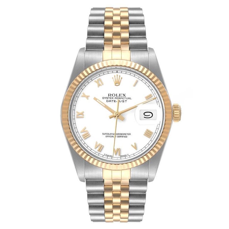 Rolex Datejust Steel Yellow Gold White Roman Dial Vintage Mens Watch ...