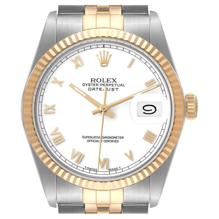 Rolex Datejust Steel Yellow Gold White Roman Dial Vintage Mens Watch ...