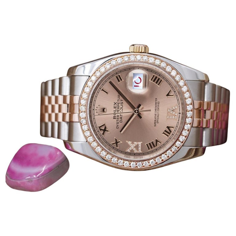 Rolex Datejust Two Tone SS and RG Watch Pink Roman Dial Diamond Bezel ...