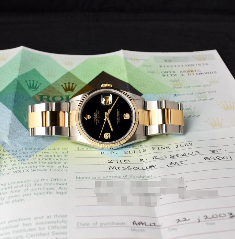 Rolex Datejust Yellow Gold and Steel Onyx Dial Diamond 16233 Watch and ...