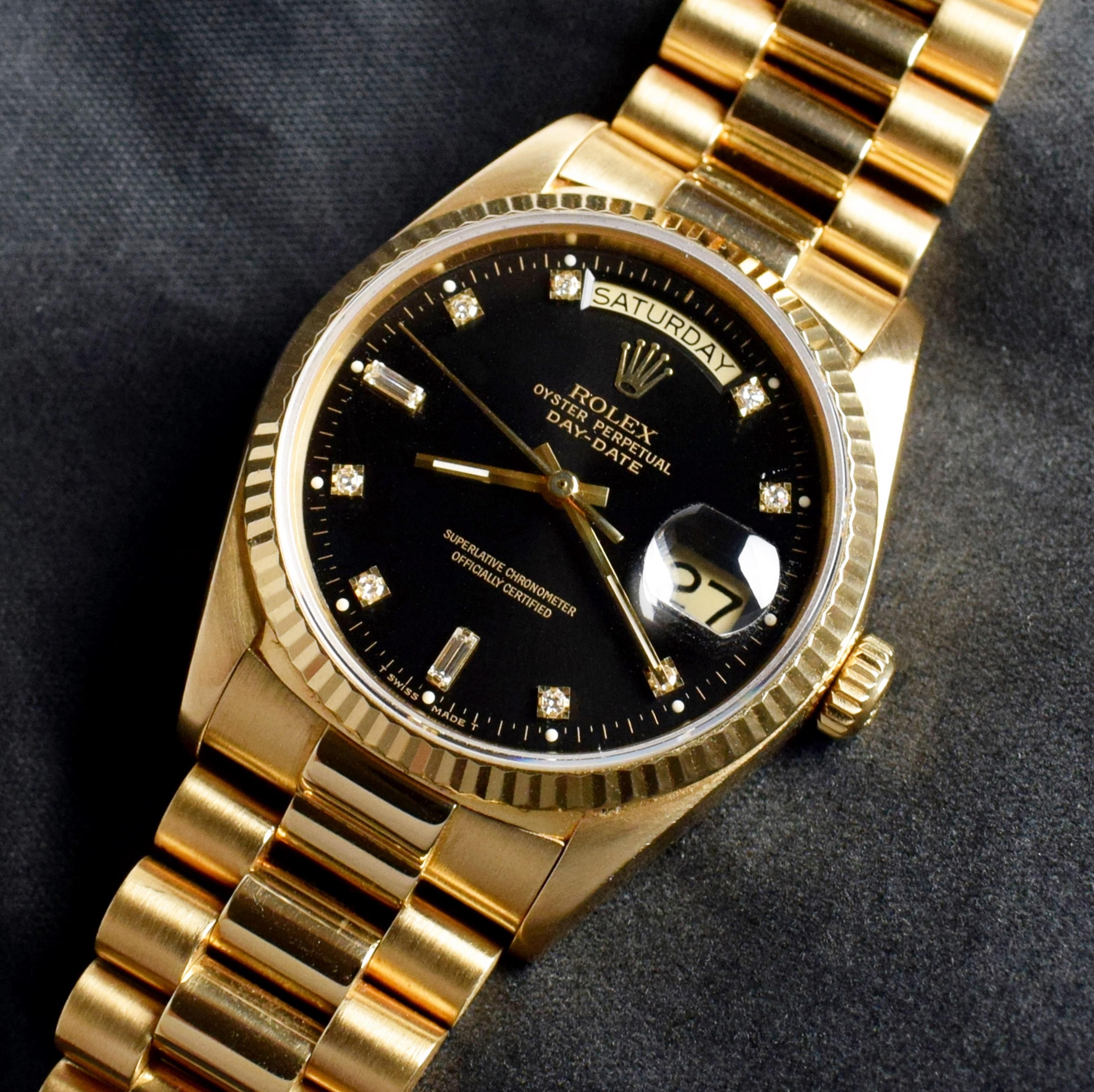 Rolex Day-Date 18K YG Yellow Gold Black Dial Diamond 18038 Automatic ...