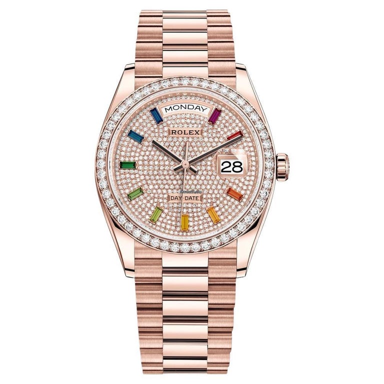 Rolex Day Date 36 Rose Gold Pave Diamond Rainbow Watch at 1stDibs