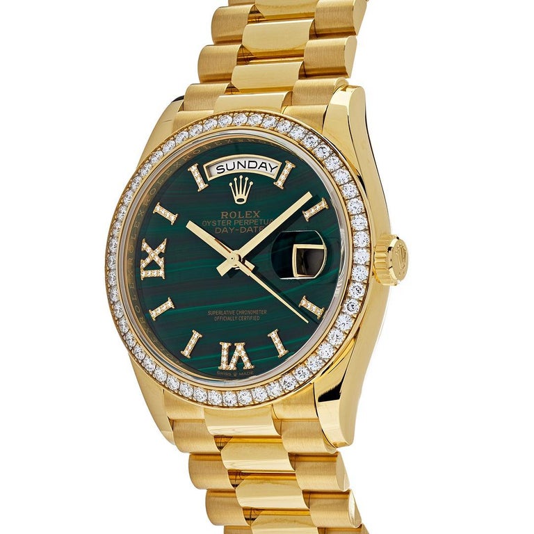 Rolex Day-Date 36 Yellow Gold Green Malachite Diamond Dial Diabezel ...