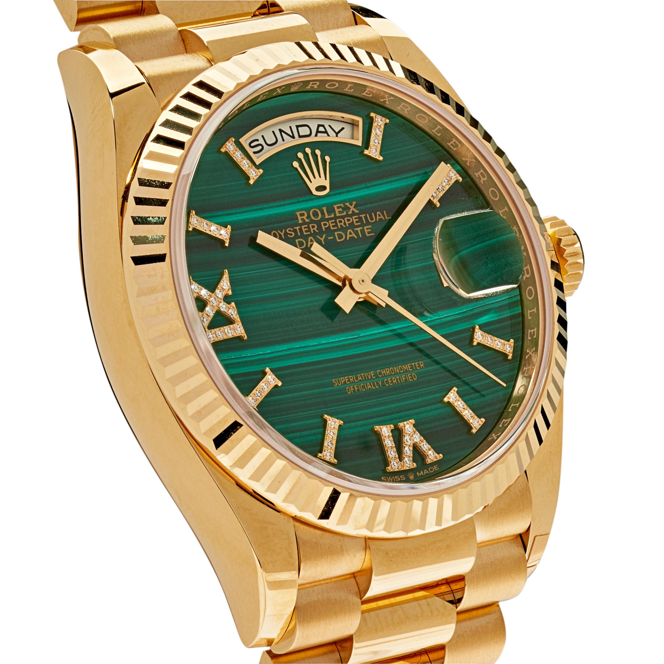 Rolex Day-Date 36 Yellow Gold Green Malachite Roman Diamond Dial 128238 ...