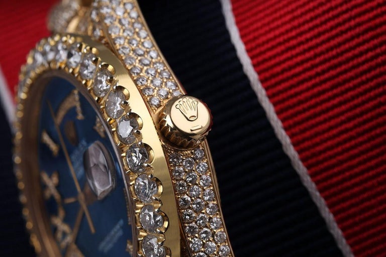 Rolex Day-Date Light Blue Roman Diamond Dial Iced Out Yellow Gold Watch ...