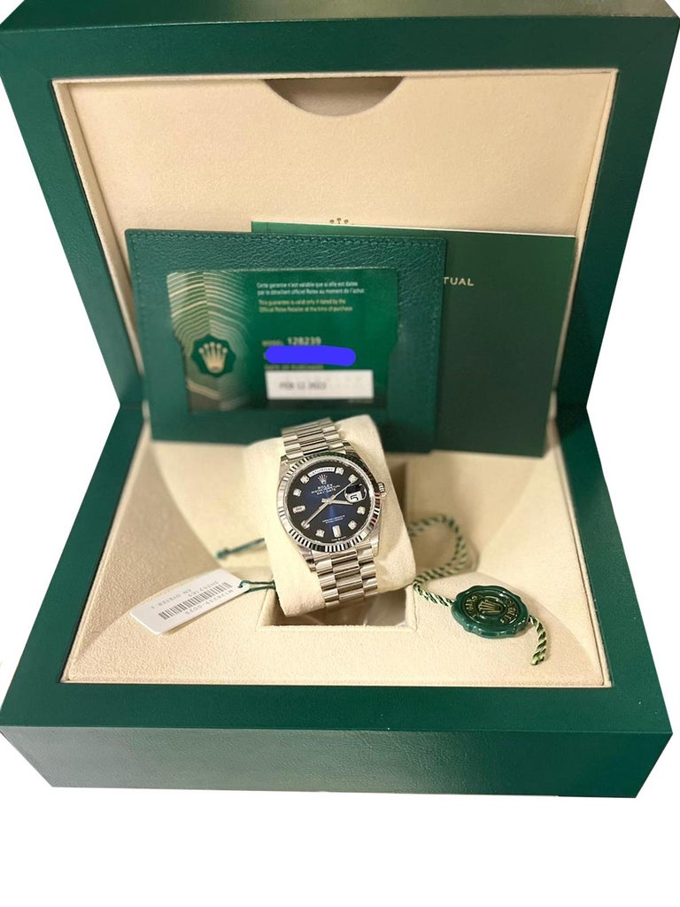 Rolex Day-Date White Gold Fluted Bezel Blue Ombre Diamond Dial Watch ...