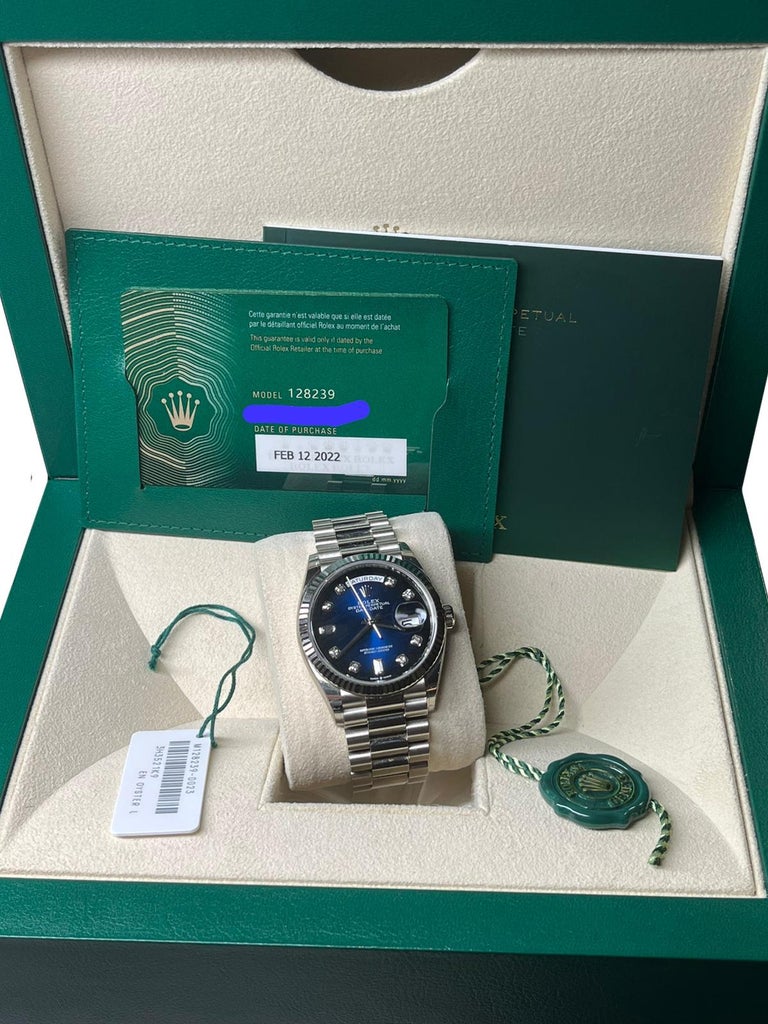 Rolex Day-Date White Gold Fluted Bezel Blue Ombre Diamond Dial Watch ...