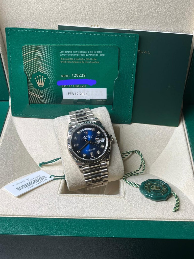 Rolex Day-Date White Gold Fluted Bezel Blue Ombre Diamond Dial Watch ...
