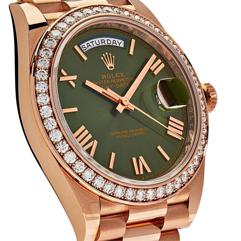 Rolex Day-Date 40 Rose Gold Olive Green Dial Diamond Bezel 228345RBR ...