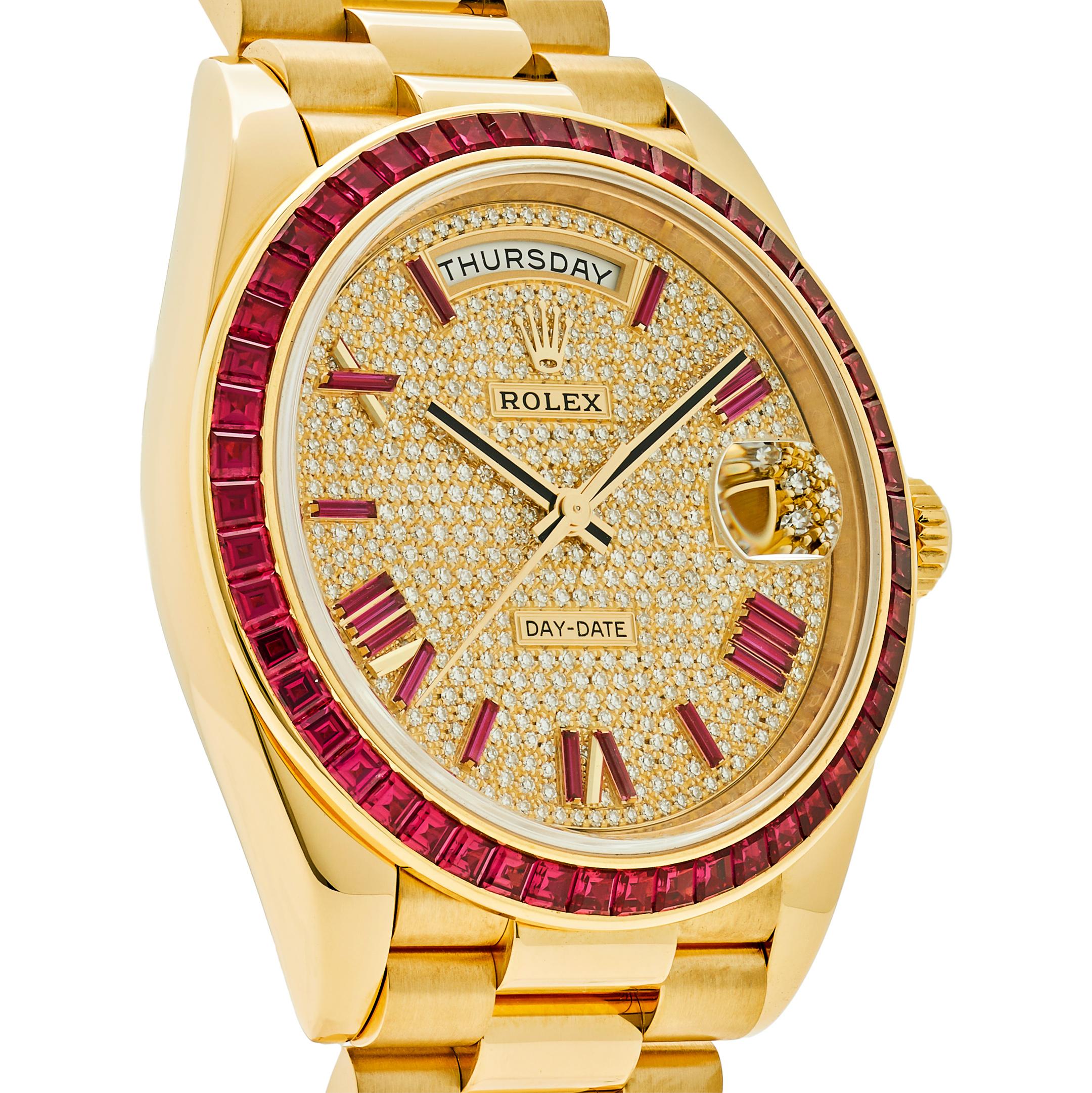 Rolex Day-Date 40 Yellow Gold Diamond/Ruby Roman Dial Ruby Bezel ...