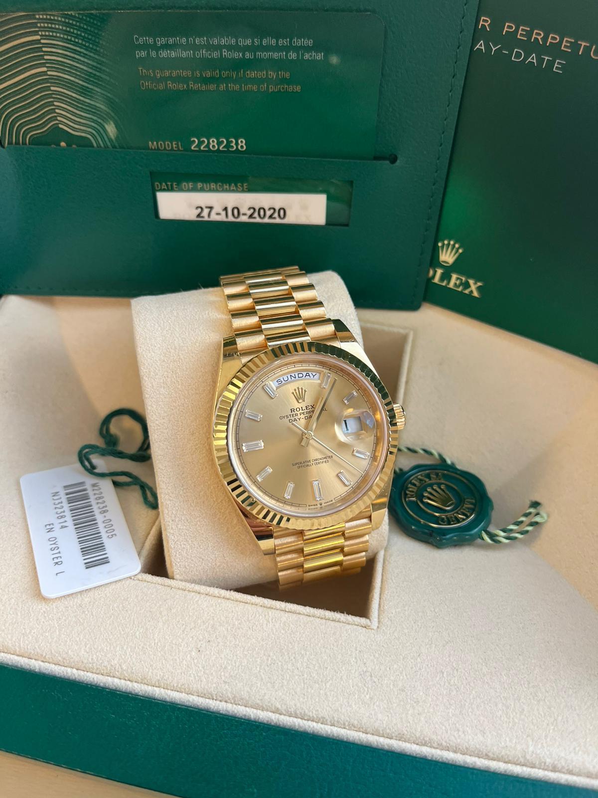 Rolex Day-Date Champagne Baguette Diamond Dial 18k Yellow Gold Watch ...