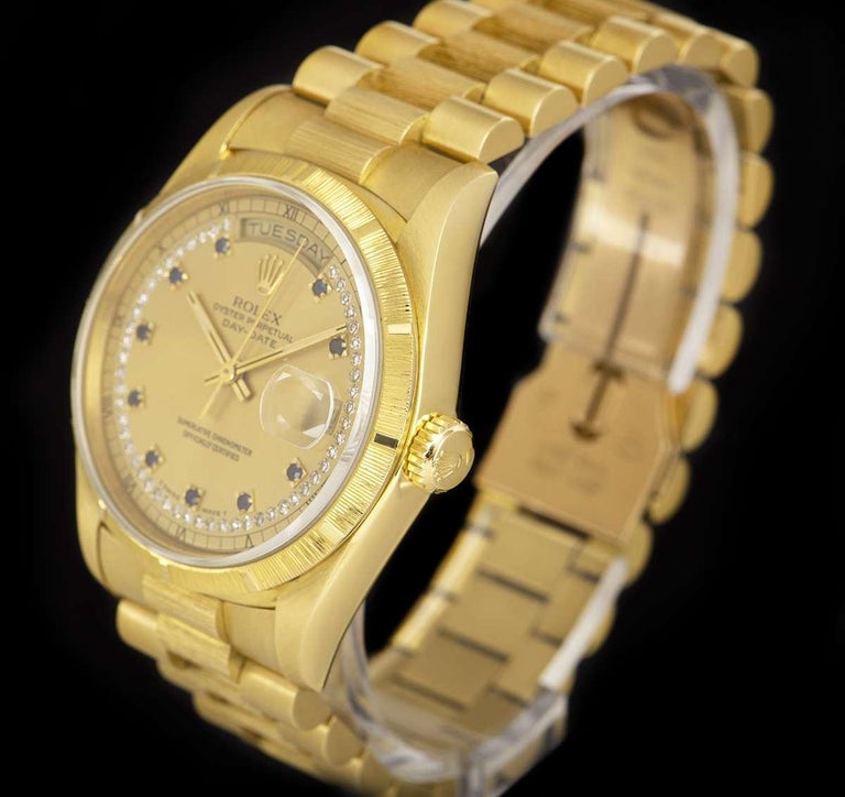 Rolex Day-Date Gold Bark Finish Diamond and Sapphire Dial Automatic ...