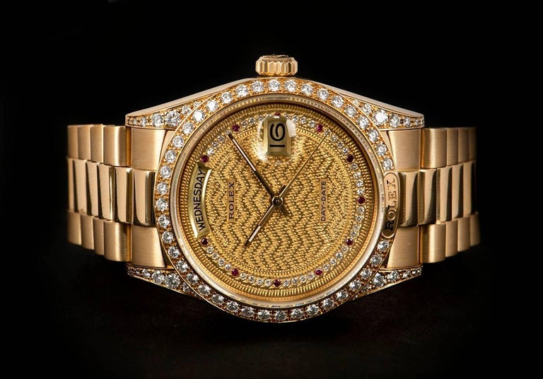 Rolex Day-Date Gold Decorated Diamond and Ruby String Dial Automatic ...