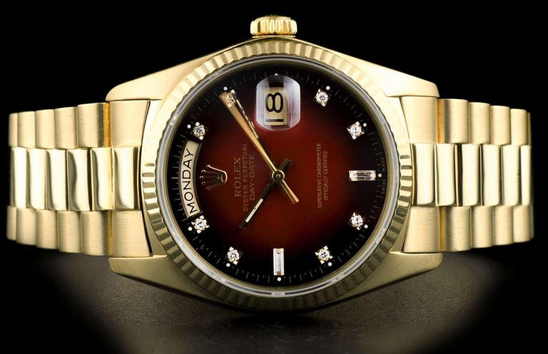 Rolex Day-Date Gold Maroon Vignette Diamond Dial 18038 Automatic ...