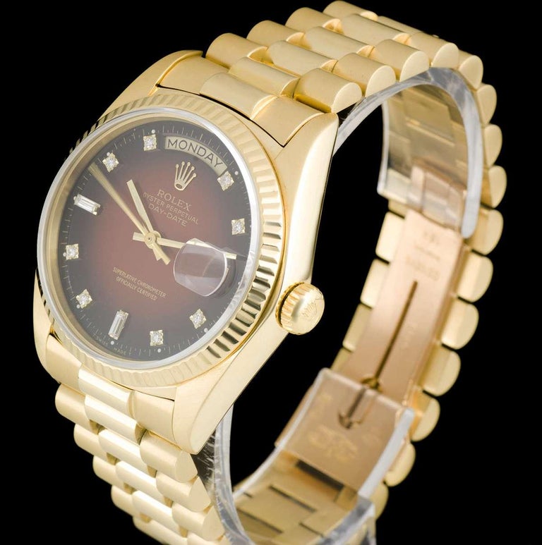 Rolex Day-Date Gold Maroon Vignette Diamond Dial 18038 Automatic ...