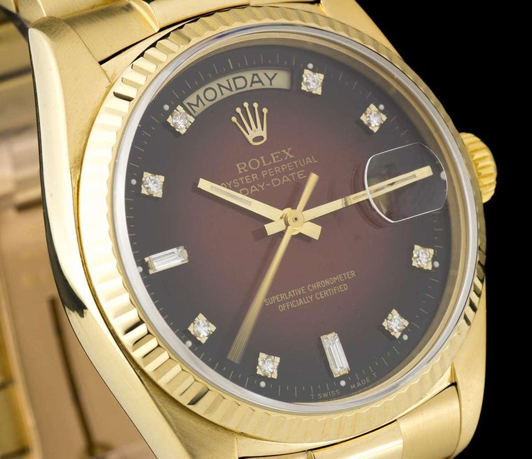 Rolex Day-Date Gold Maroon Vignette Diamond Dial 18038 Automatic ...
