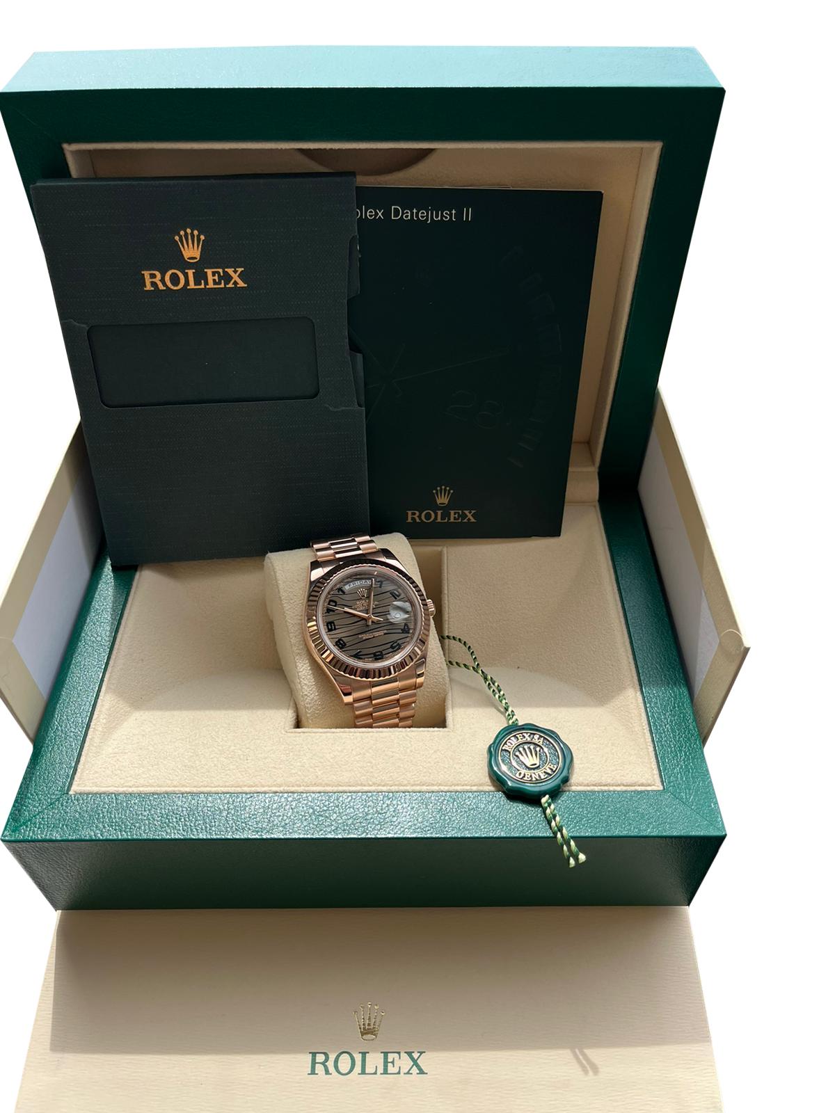 Rolex Day-Date II 41mm Rose Gold Fluted Chocolate Arabic Wave Dial ...