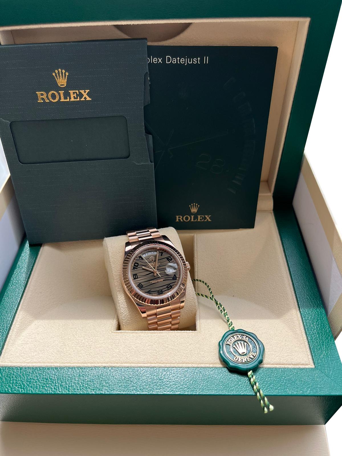 Rolex Day-Date II 41mm Rose Gold Fluted Chocolate Arabic Wave Dial ...