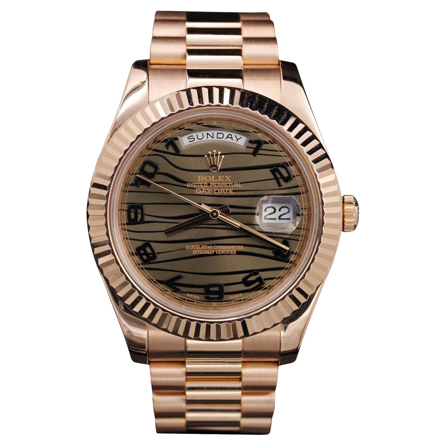 Rolex Day-Date II 41mm Rose Gold Fluted Chocolate Arabic Wave Dial ...