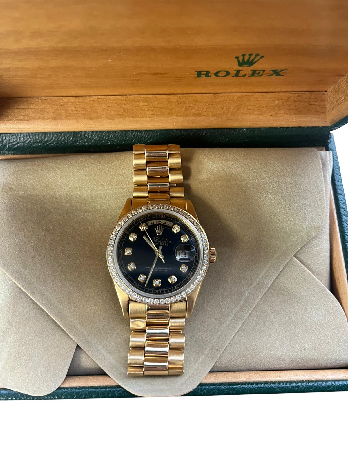 Rolex Day-Date President 36 Black Diamond Dial Diamond Bezel Jubliee ...
