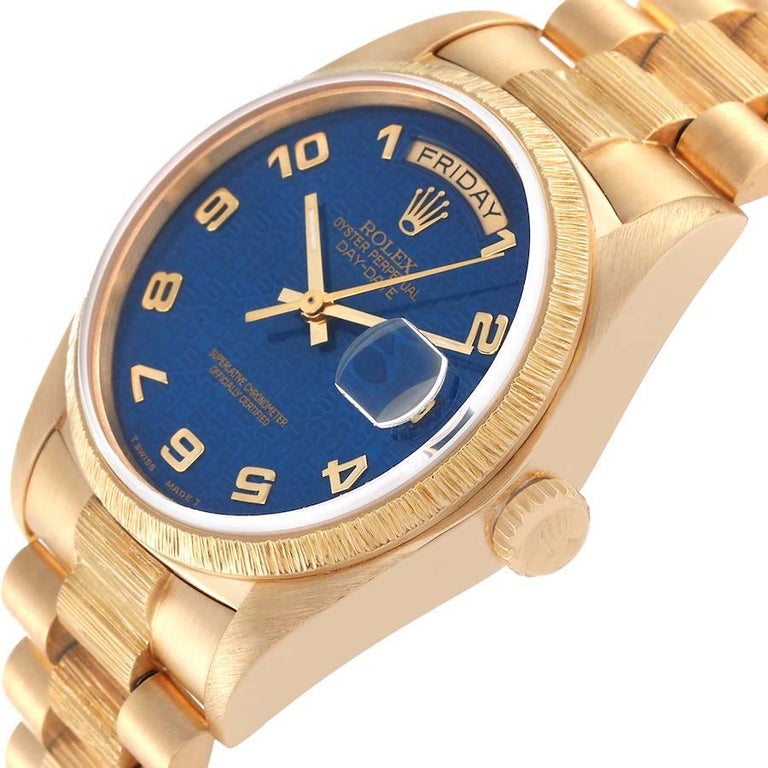 Rolex Day-Date President Yellow Gold Blue Dial Bark Finish Mens Watch ...