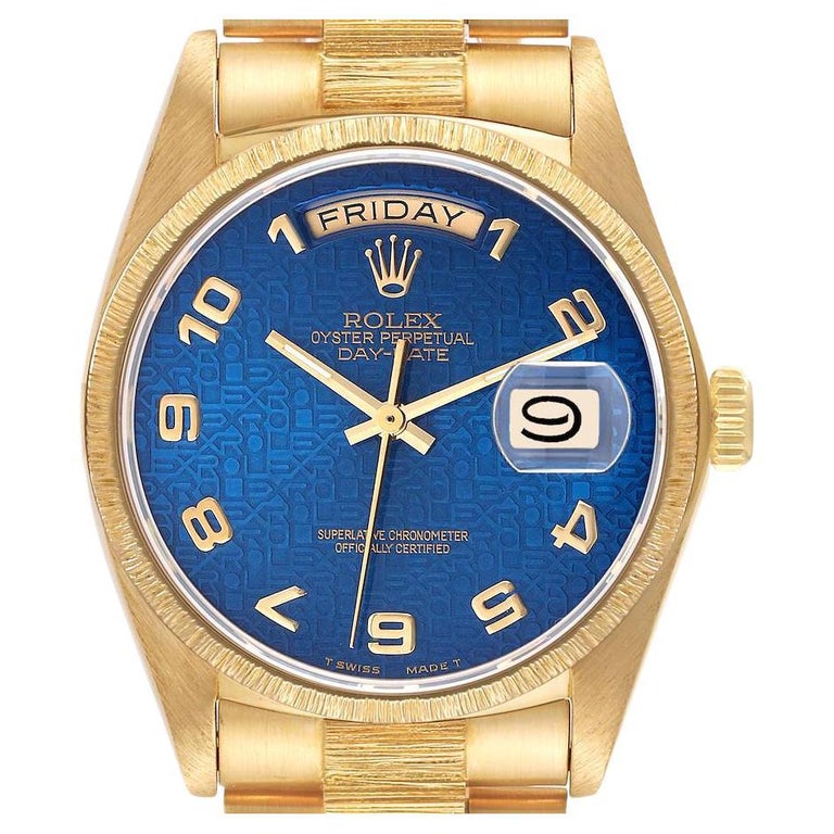 Rolex Day-Date President Yellow Gold Blue Dial Bark Finish Mens Watch ...