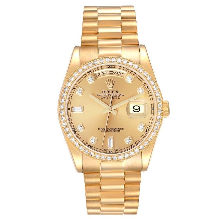 Rolex Day Date President Yellow Gold Diamond Bezel Dial Mens Watch ...