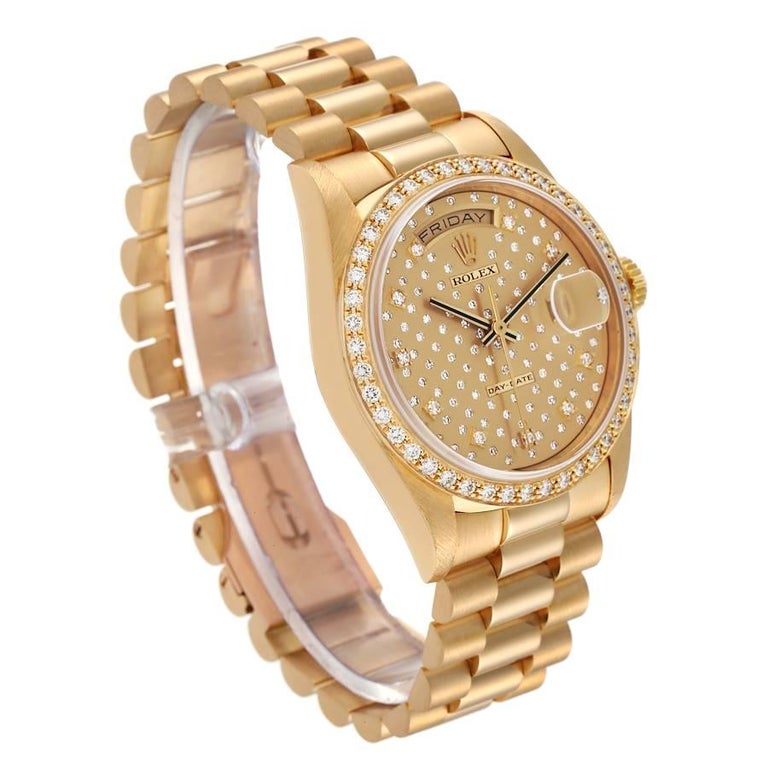 Rolex Day-Date President Yellow Gold Pleiades Diamond Dial Mens Watch ...