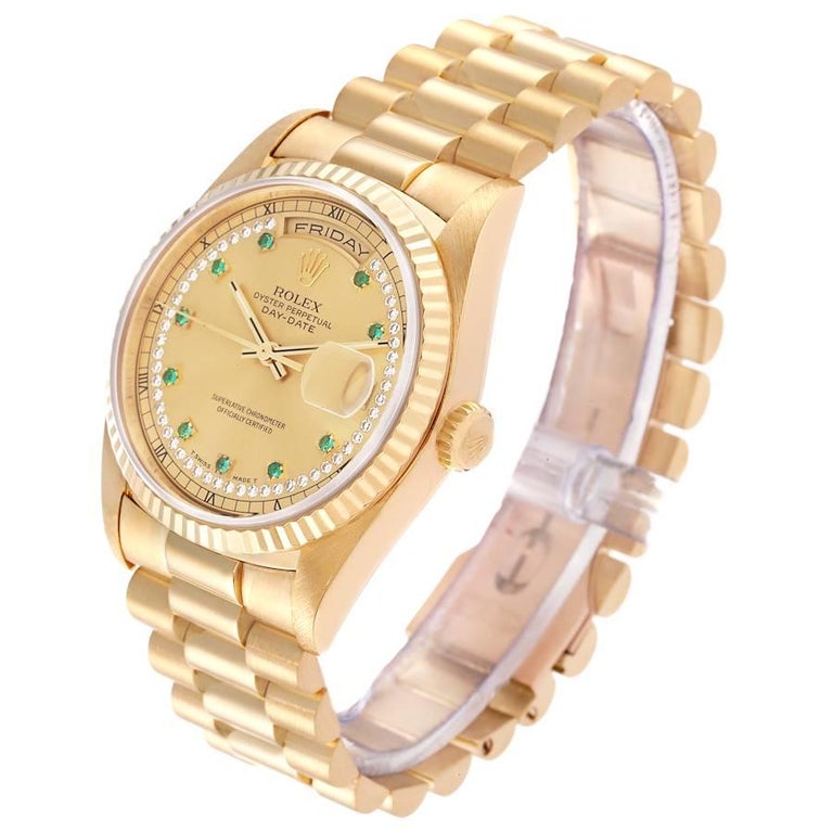 Rolex Day-Date President Yellow Gold String Diamond Emerald Mens Watch ...