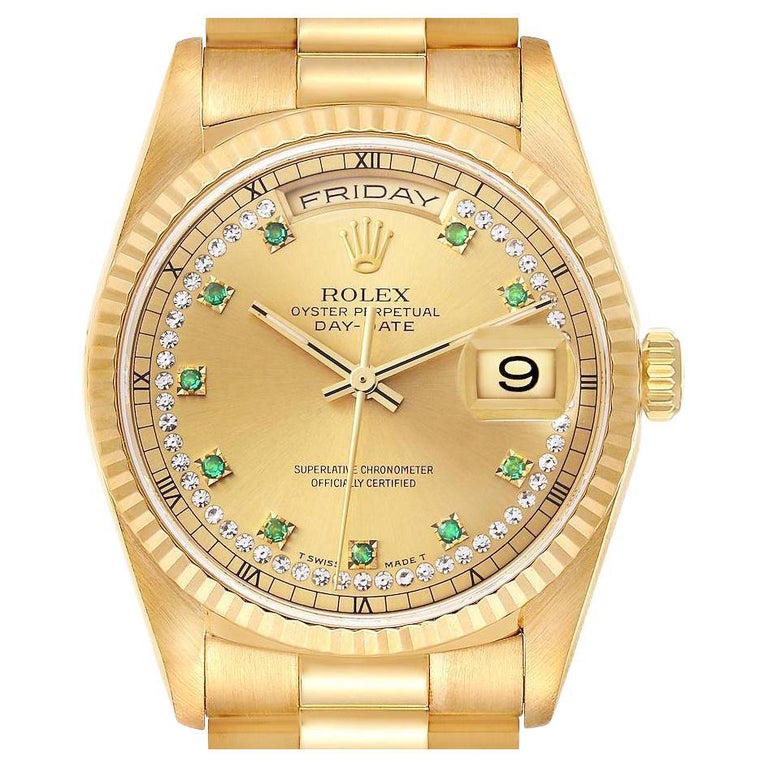 Rolex Day-Date President Yellow Gold String Diamond Emerald Mens Watch ...