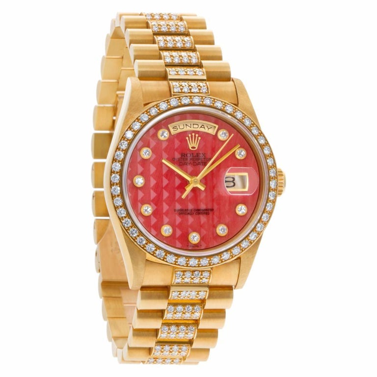 Rolex Day-Date Pyramid Coral Diamond Dial, Diamond Bezel, Diamond ...