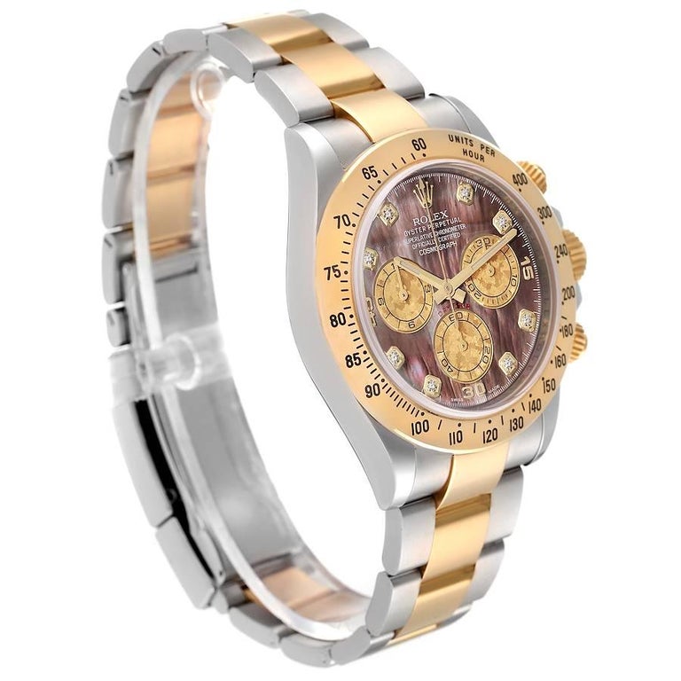 Rolex Daytona Steel Yellow Gold MOP Diamond Mens Watch 116523 Box Card ...
