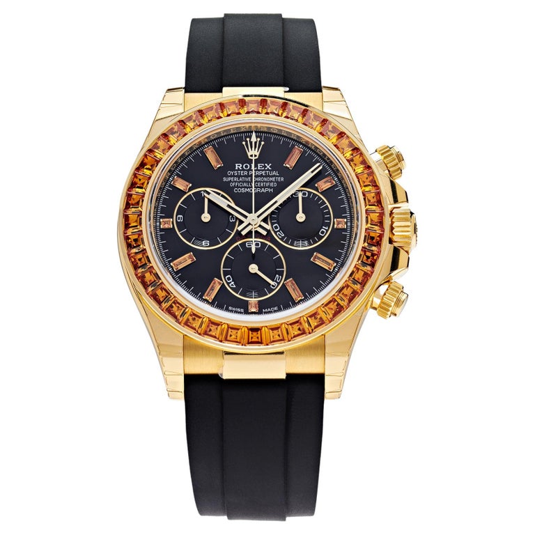 Rolex Daytona Yellow Gold Orange Sapphire Bezel Black Diamond Dial ...