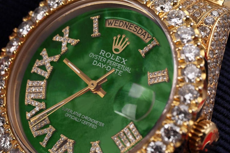 Rolex Diamond Day Date with Green Pearl Dial Roman Numerals Watch For ...