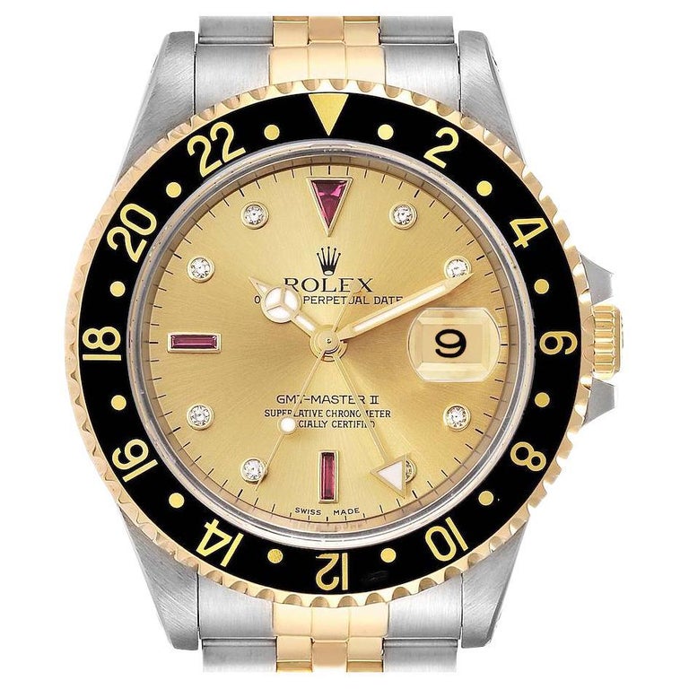 Rolex GMT II Diamond Ruby Serti Dial Steel Yellow Gold Mens Watch 16713 ...