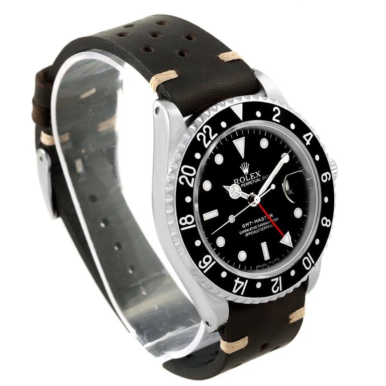 Rolex GMT Master Black Bezel Leather Strap Steel Men’s Watch 16700 For ...