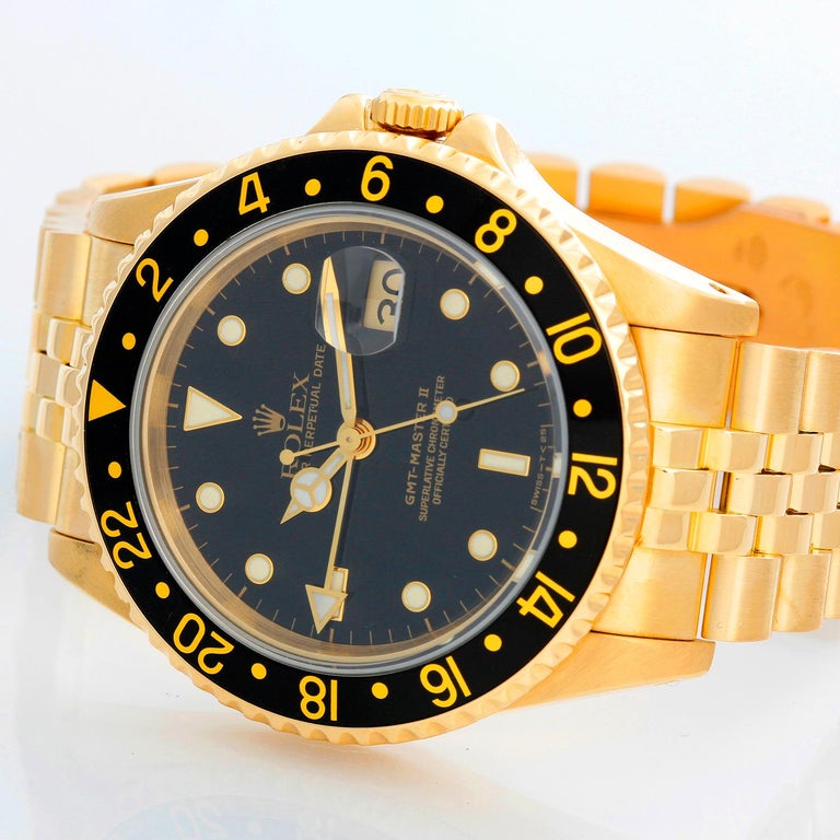Rolex GMT, Master II 18 Karat Yellow Gold Watch 16718 Black Dial at 1stDibs