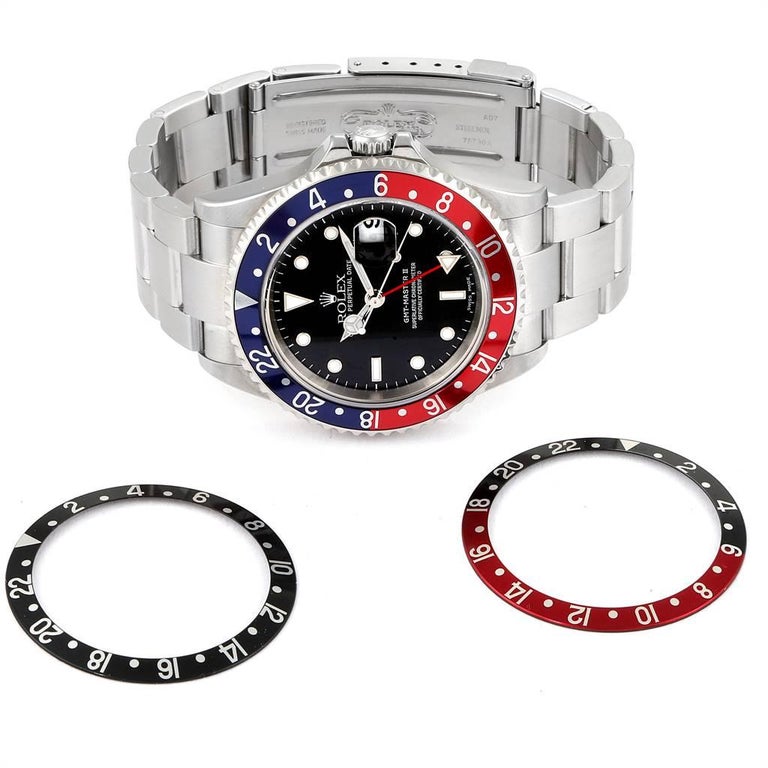 Rolex GMT Master II 3 Coke Pepsi Black Bezel Inserts Men's Watch 16710 ...