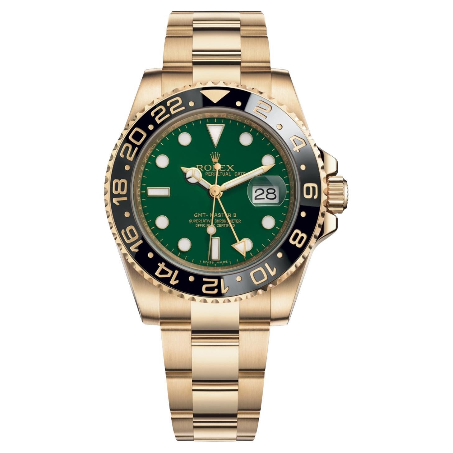 Rolex GMT Master II Yellow Gold Green Dial Oyster Bracelet Men's Watch ...