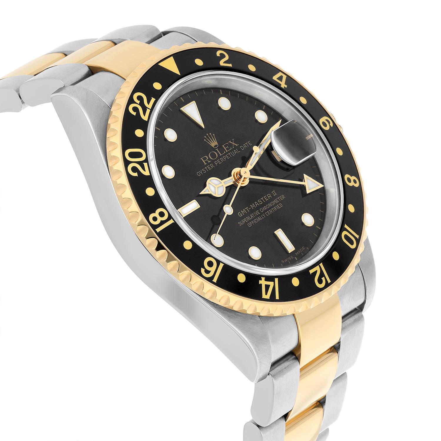 Rolex GMT Master II Black Dial Yellow Gold Steel Mens Watch 16713 ...