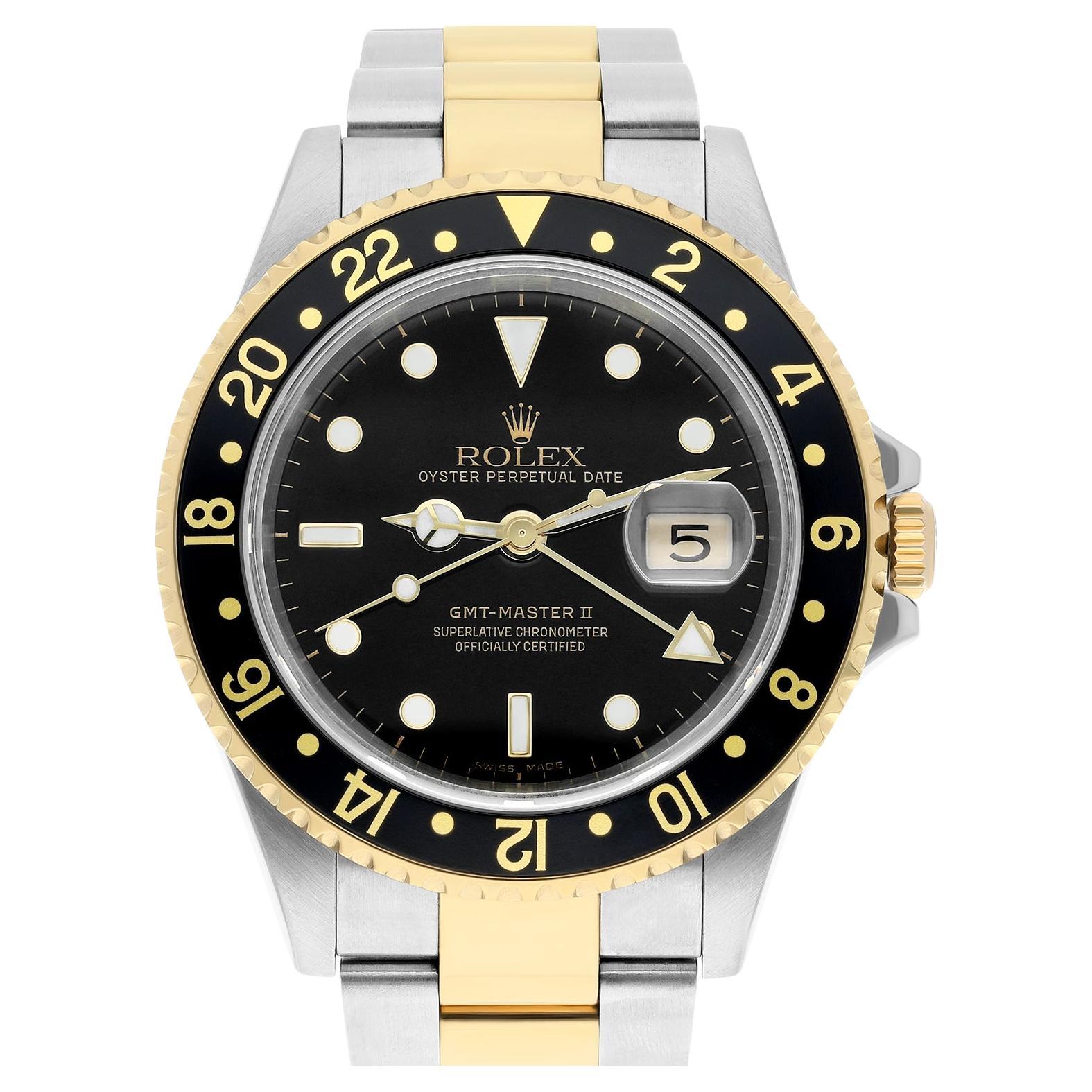 Rolex GMT Master II Black Dial Yellow Gold Steel Mens Watch 16713 ...
