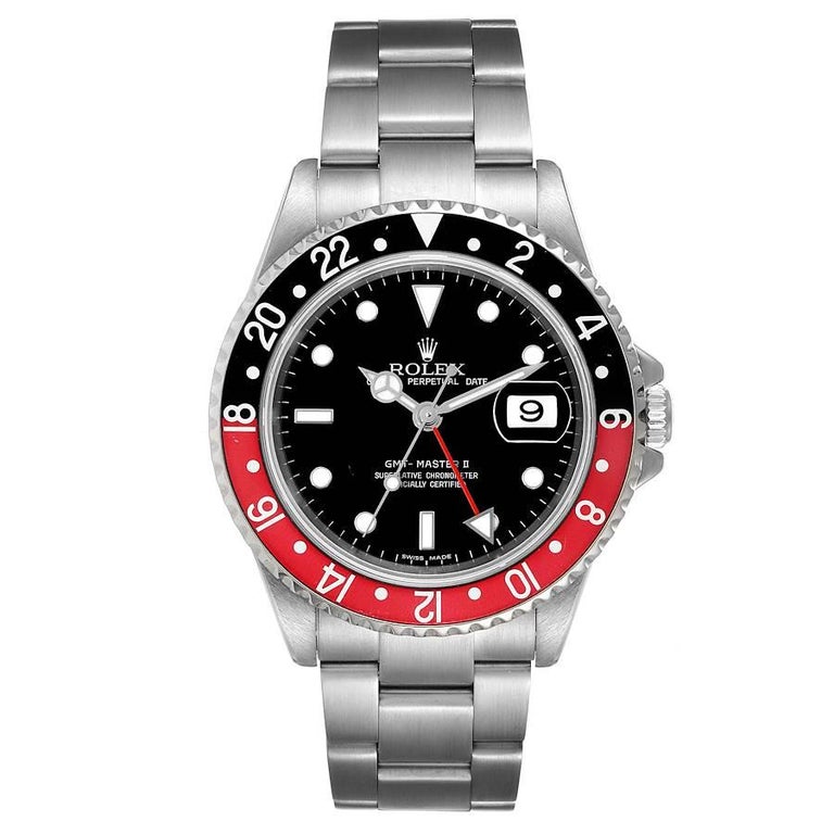 Rolex GMT Master II Black Red Coke Bezel Steel Mens Watch 16710 Box ...